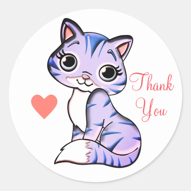 Cute kitty cat with heart Thank You Classic Round Sticker | Zazzle