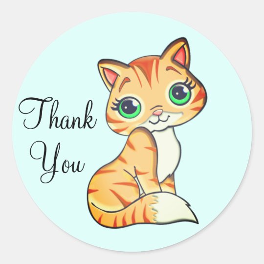 Cute kitty cat with heart Thank You on Light Blue Classic Round Sticker ...
