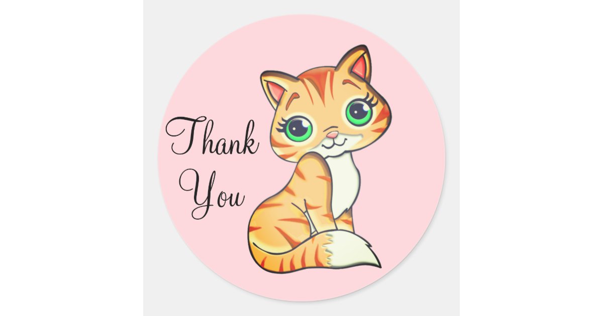 Cute kitty cat with heart Thank You on Light Pink Classic Round Sticker ...