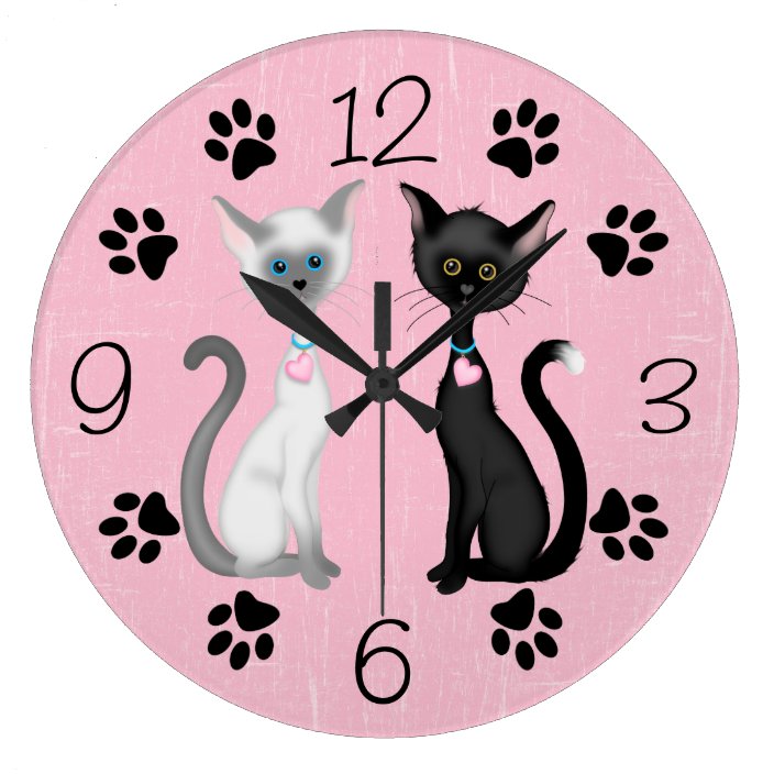 Cute Kitty Cats and Paw Prints ~ Black Pink White Large Clock | Zazzle.com