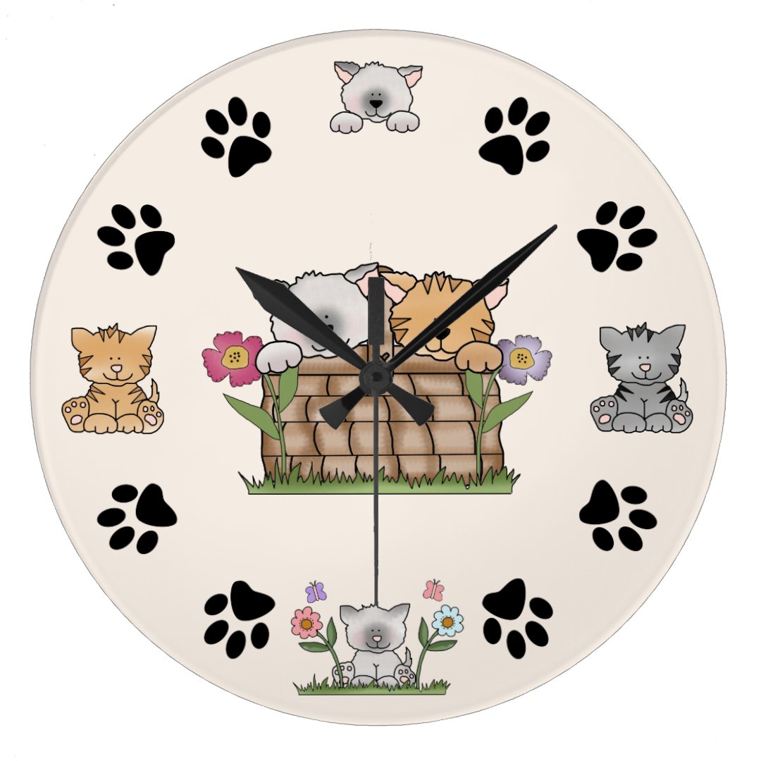 Cute Kitty Cats and Paw Prints Large Clock | Zazzle