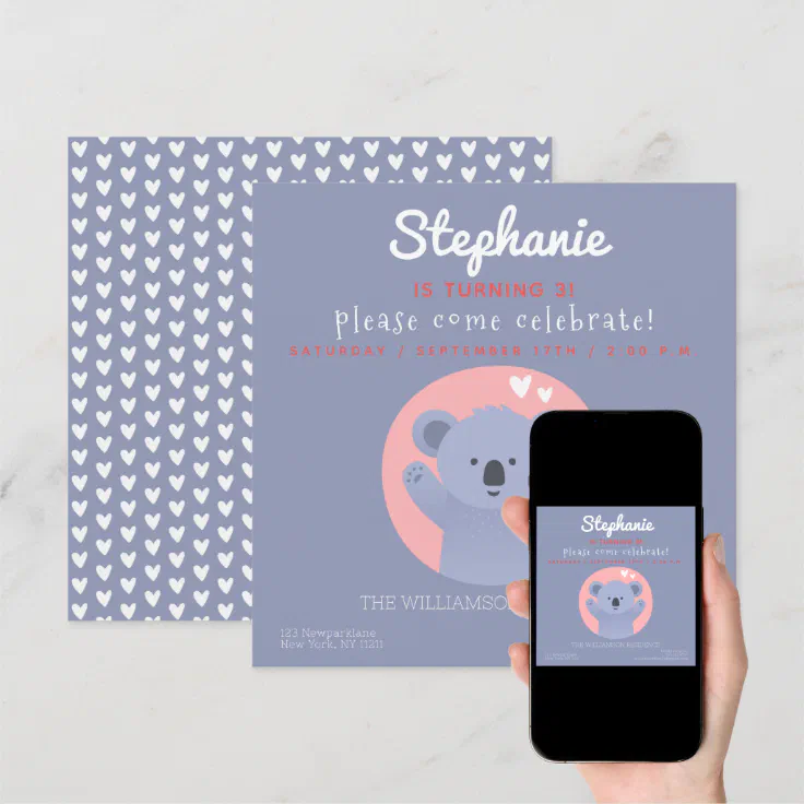 Cute Koala Bear Kids Birthday Party Invitation | Zazzle