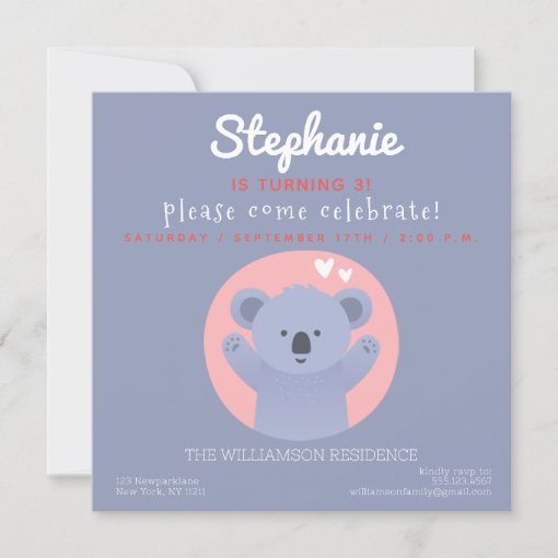 Cute Koala Bear Kids Birthday Party Invitation | Zazzle