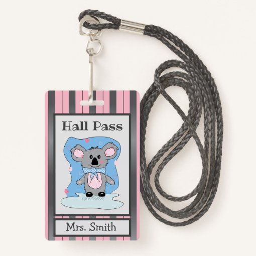 Cute Koala Bear Pink and Gray Hall Pass Badge | Zazzle