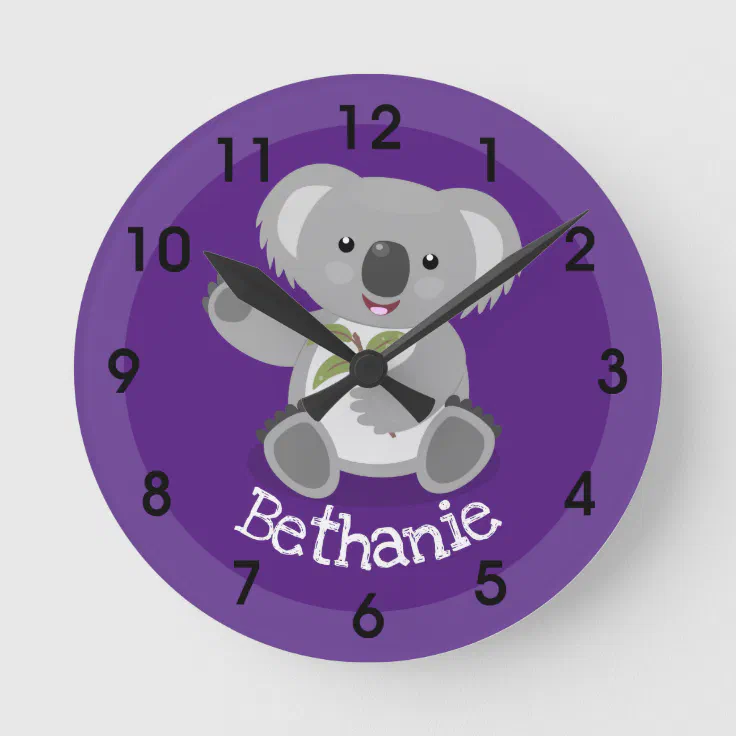 Cute koala bear with leaves cartoon illustration round clock | Zazzle
