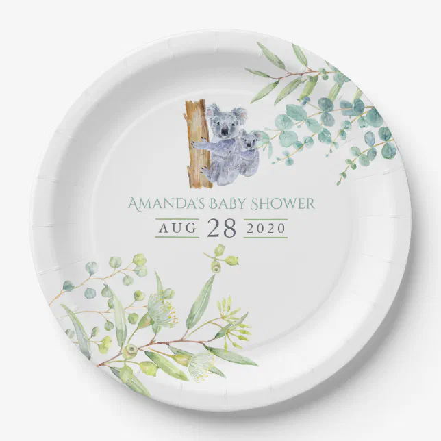 Cute Koala Bears Eucalyptus Leaves Baby Shower Paper Plates | Zazzle