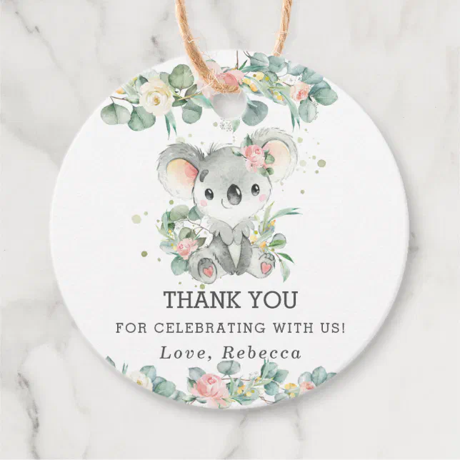 Cute Koala Eucalyptus Pink Floral Thank You Favor Tags | Zazzle