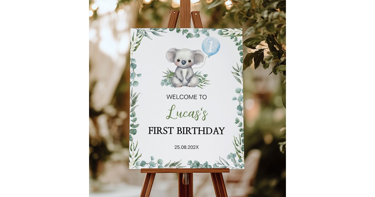 Cute Koala Greenery Birthday Welcome Sign | Zazzle