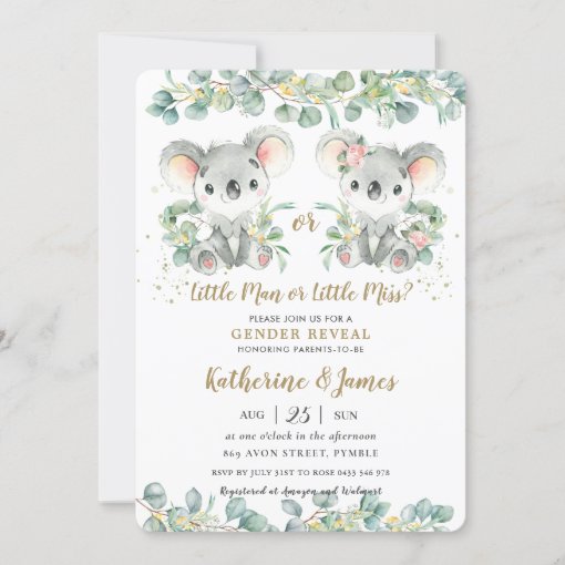 Cute Koala Greenery Gender Reveal Baby Shower Invitation | Zazzle