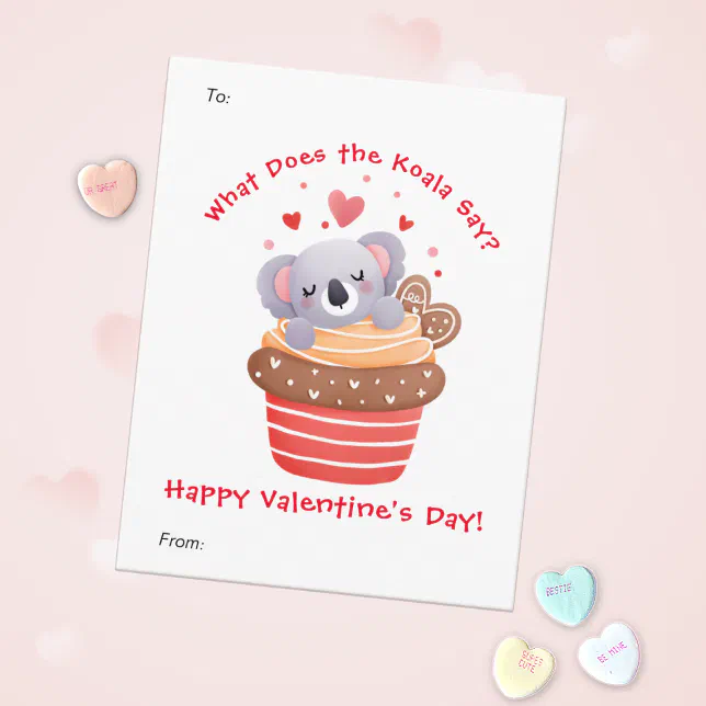 Cute Koala in Cupcake Custom Kids Valentine's Day Holiday Card | Zazzle