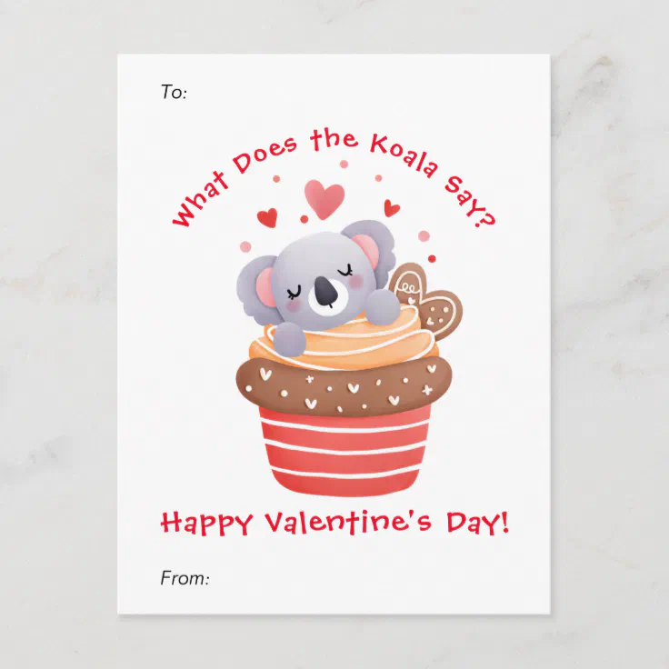 Cute Koala in Cupcake Custom Kids Valentine's Day Holiday Card | Zazzle