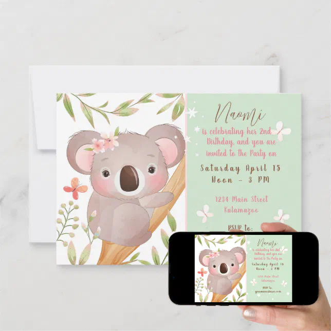 Cute Koala Kid's birthday party custom Invitation | Zazzle