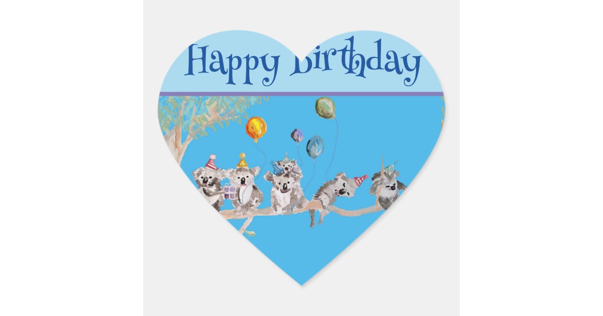 Cute Koala Koalas Blue Childs Happy Birthday Heart Sticker | Zazzle