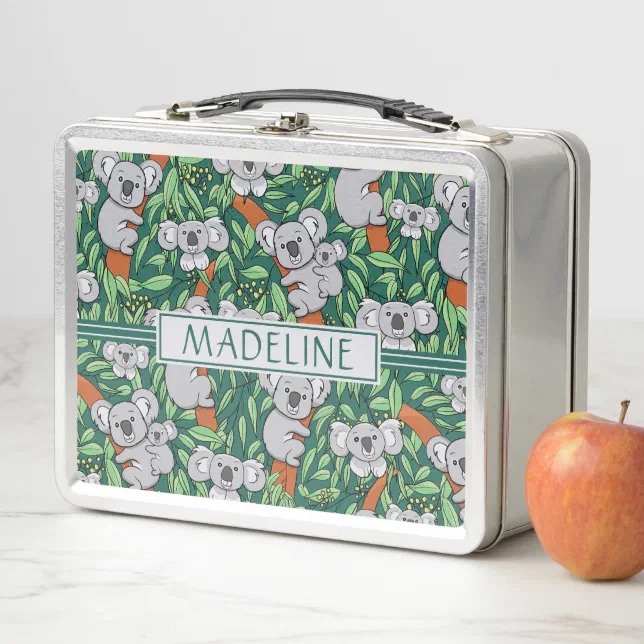 Cute Koala Pattern Personalized Hunter Green Metal Lunch Box | Zazzle