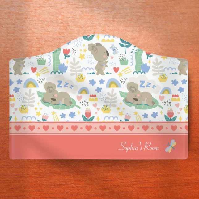 Cute Koala Pattern with Little Girl Name on Pink Door Sign | Zazzle