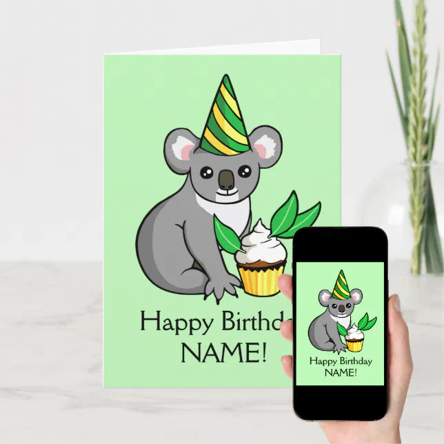 Cute Koala with Cake Drawing Happy Birthday Card | Zazzle