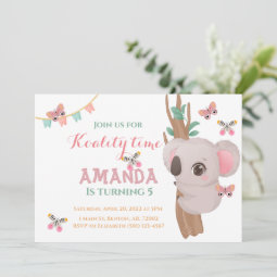Cute koality time koala bear pink teal tree animal invitation | Zazzle