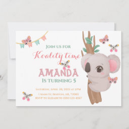 Cute koality time koala bear pink teal tree animal invitation | Zazzle