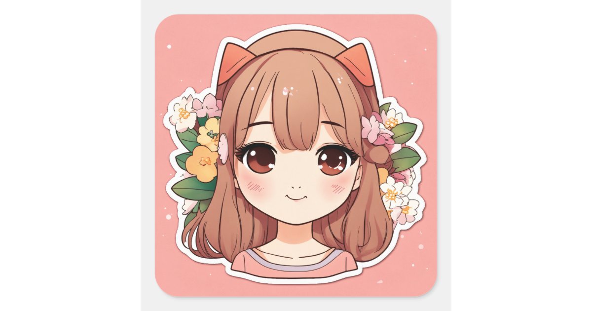 cute korean girl kawaii cartoon simple die cut sti square sticker | Zazzle