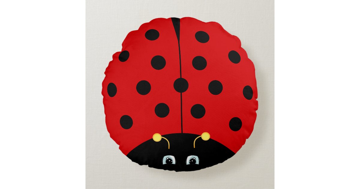 Cute Lady Bug Cartoon in Black & Red Round Pillow | Zazzle