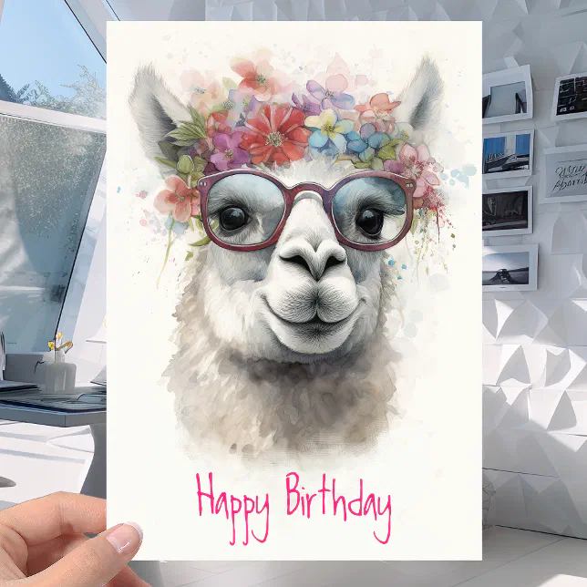 Cute Lama in Glasses and Flowers - Funny Birthday Card | Zazzle