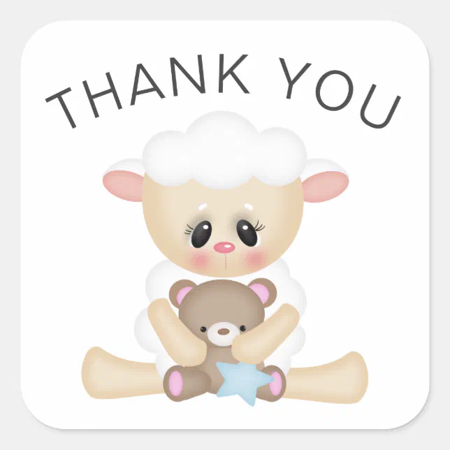 Cute Lamb and Teddy Bear Thank You Square Sticker | Zazzle