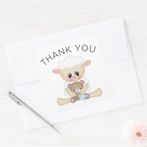 Cute Lamb and Teddy Bear Thank You Square Sticker | Zazzle