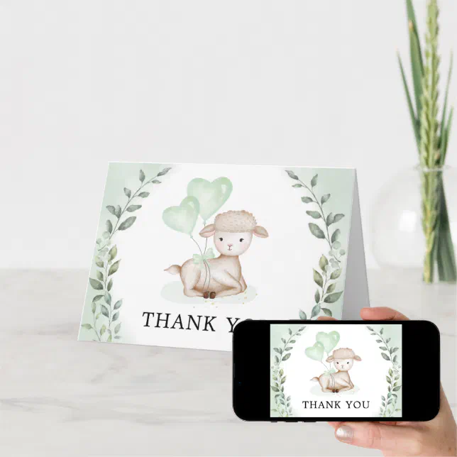 Cute Lamb Baby Sheep Greenery Eucalyptus Thank You Card | Zazzle