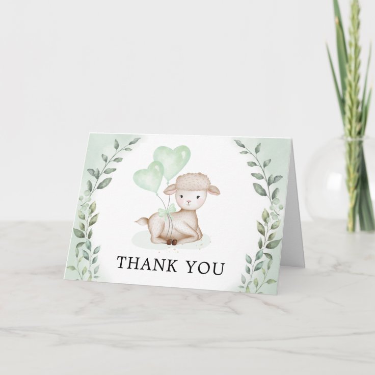 Cute Lamb Baby Sheep Greenery Eucalyptus Thank You Card | Zazzle
