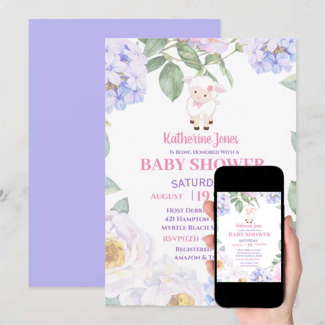 Cute Lamb Purple Floral Baby Shower Invitation | Zazzle