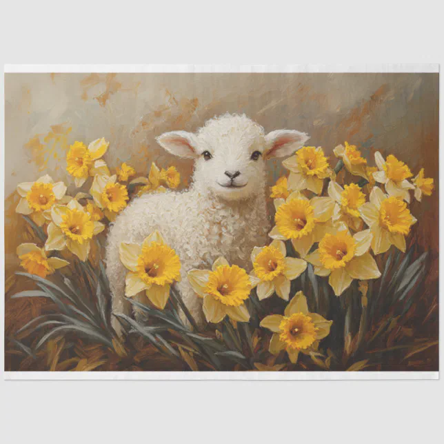 Cute Lamb with Yellow Daffodils Painting Decoupage Tissue Paper | Zazzle