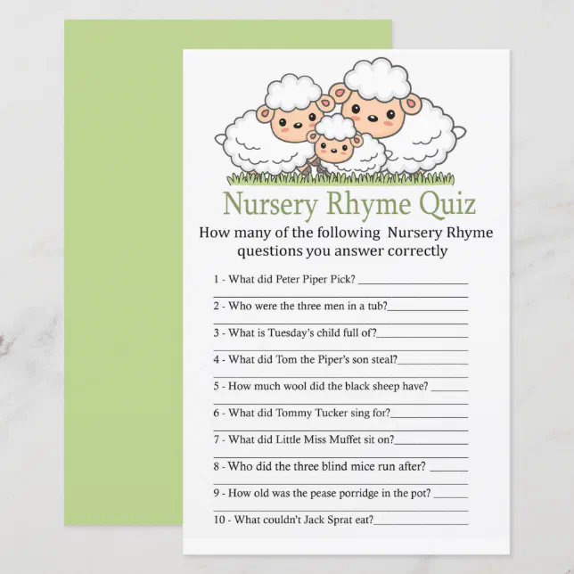 Cute lambs Nursery Rhyme Quiz baby shower game | Zazzle