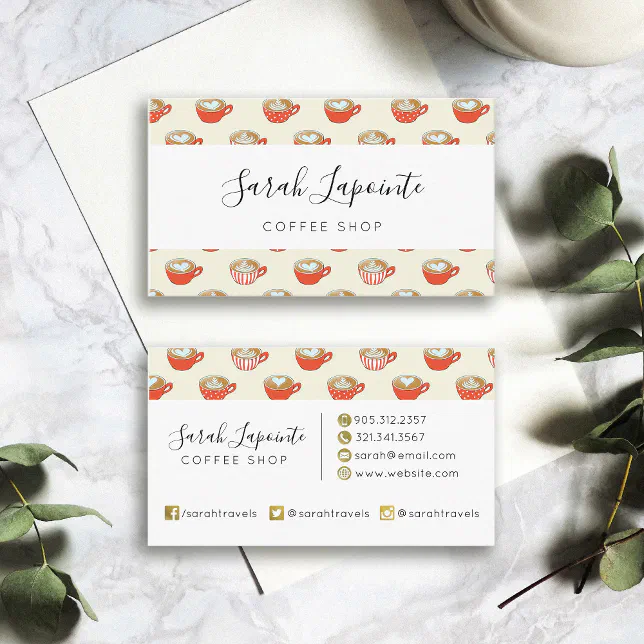 Cute Latte Art in Red Coffee Mugs Pattern Business Card | Zazzle