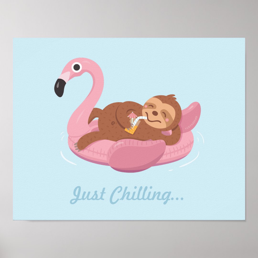 Cute Lazy Sloth on Pink Flamingo Float Print | Zazzle