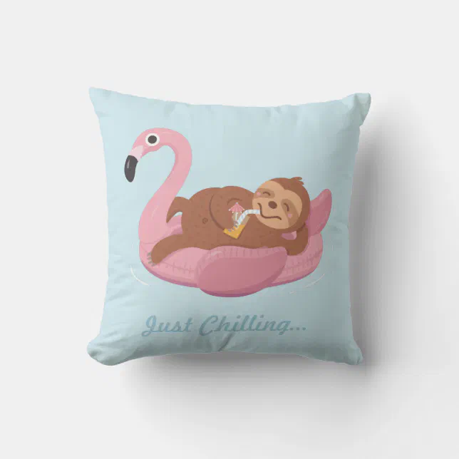 Cute Lazy Sloth Pink Flamingo Float Summer Pillow | Zazzle