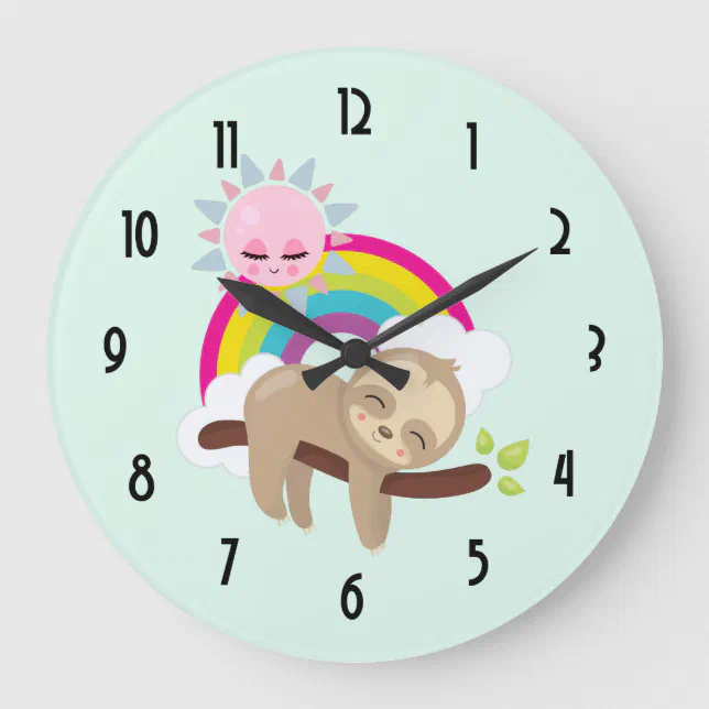 Cute Lazy Sloth with Sun & Rainbow Large Clock | Zazzle