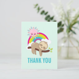 Cute Lazy Sloth with Sun & Rainbow Thank You Postcard | Zazzle