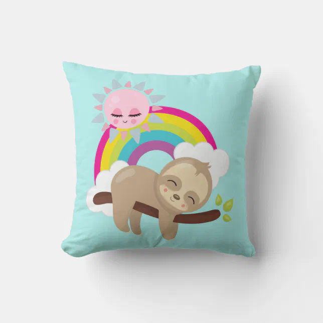 Cute Lazy Sloth with Sun & Rainbow Throw Pillow | Zazzle
