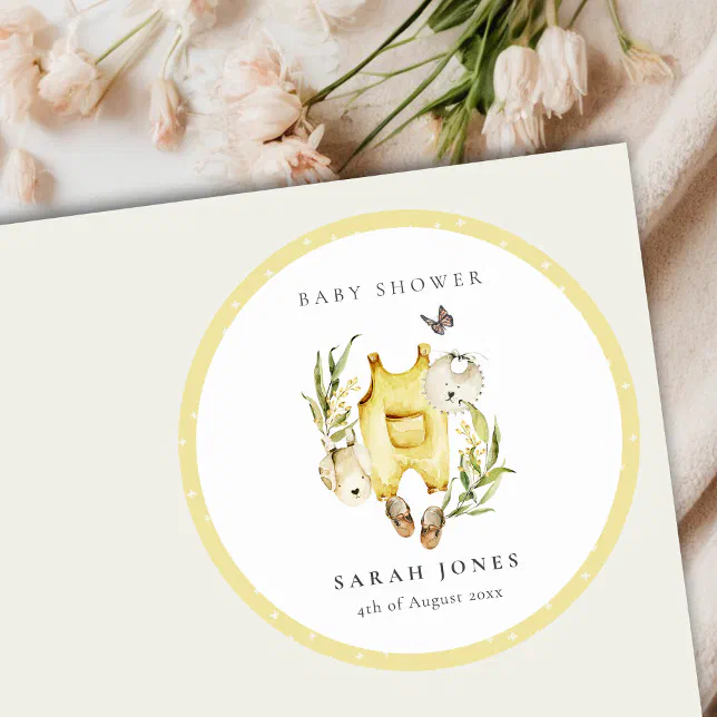 Cute Leafy Foliage Yellow Clothes Baby Shower Classic Round Sticker ...