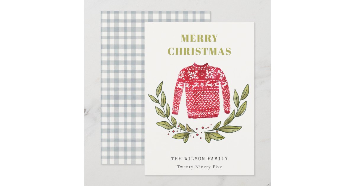 Cute Leafy Red Green Ugly Sweater Christmas Winter Holiday Card | Zazzle