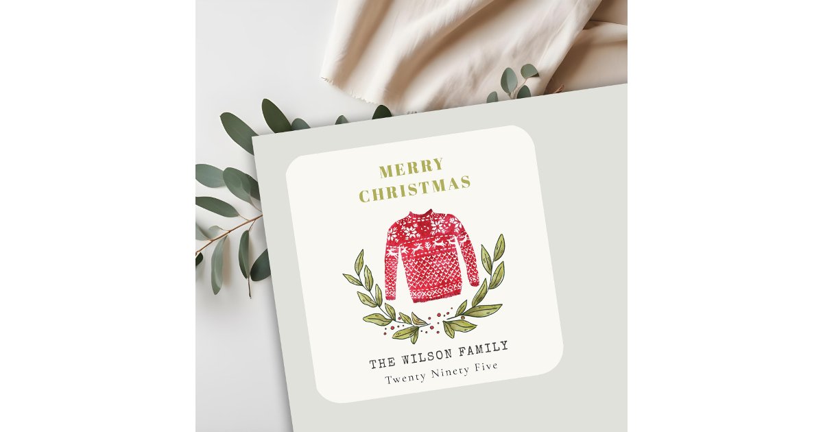 Cute Leafy Red Green Ugly Sweater Christmas Winter Square Sticker | Zazzle
