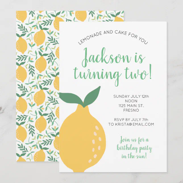 Cute Lemon 2nd Birthday Turning Two Invitation | Zazzle
