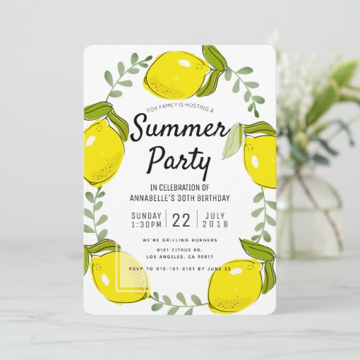 Cute Lemon Citrus White Summer Party Invitation | Zazzle