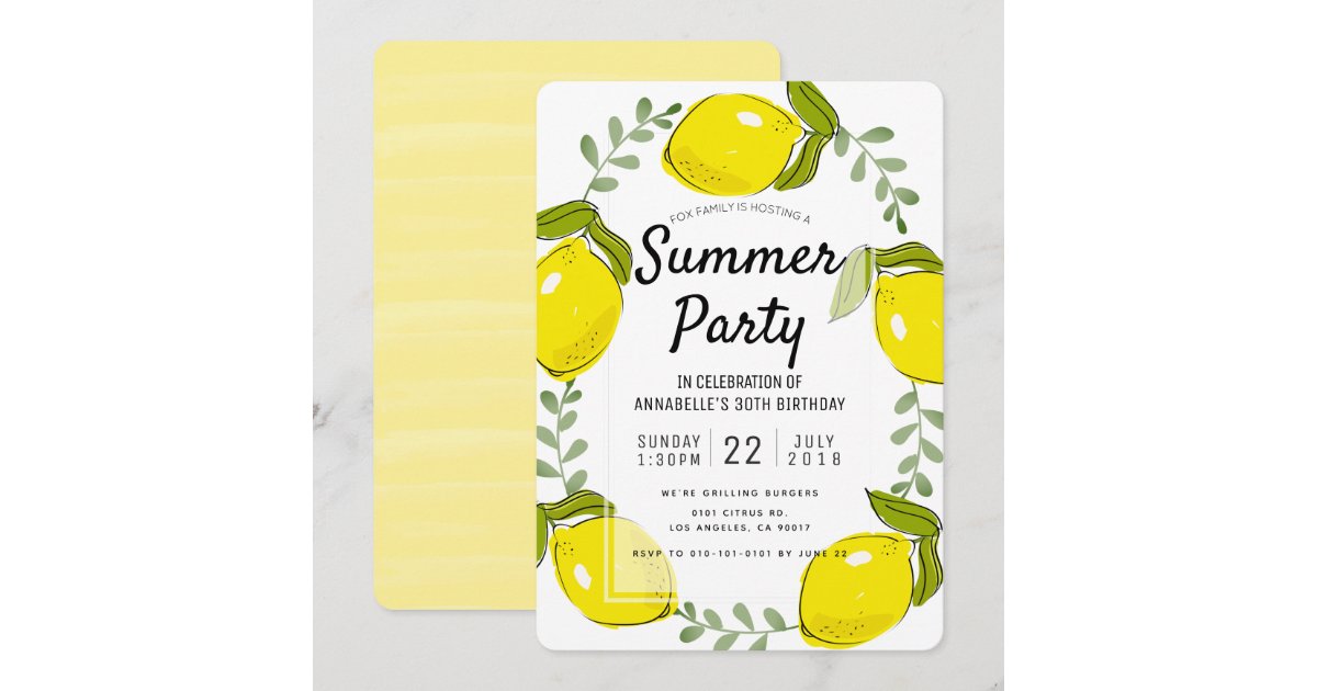 Cute Lemon Citrus White Summer Party Invitation | Zazzle