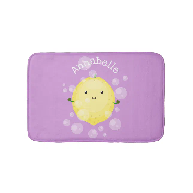 Cute lemon fruit cartoon bubbles illustration bath mat | Zazzle