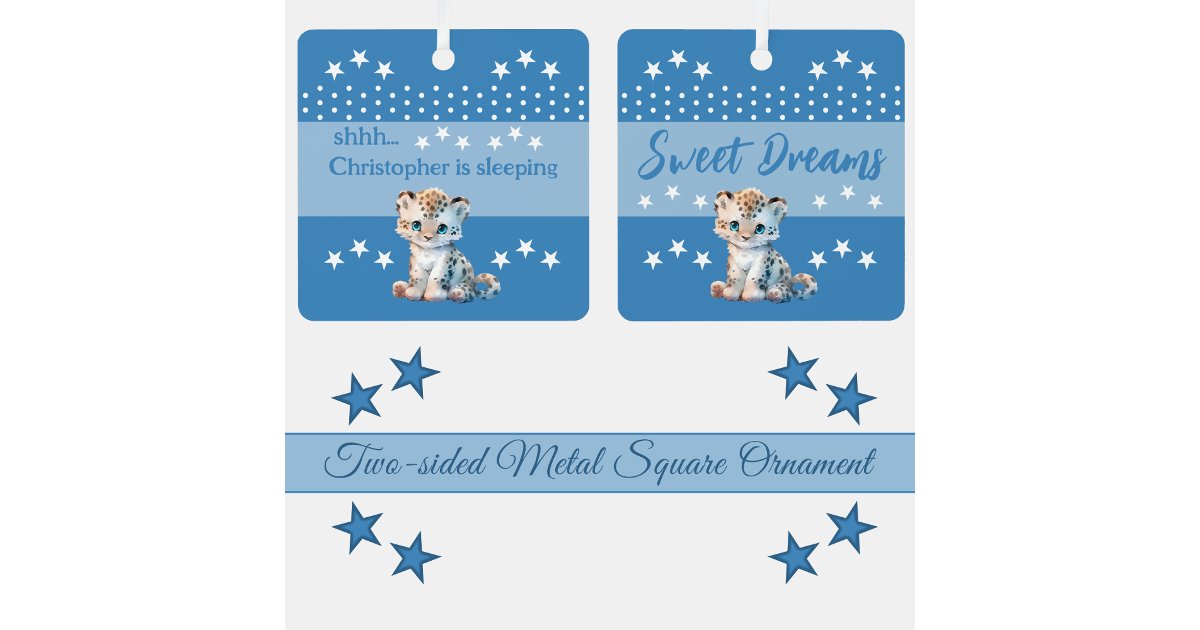Cute leopard shhh add name is sleeping blue metal ornament | Zazzle