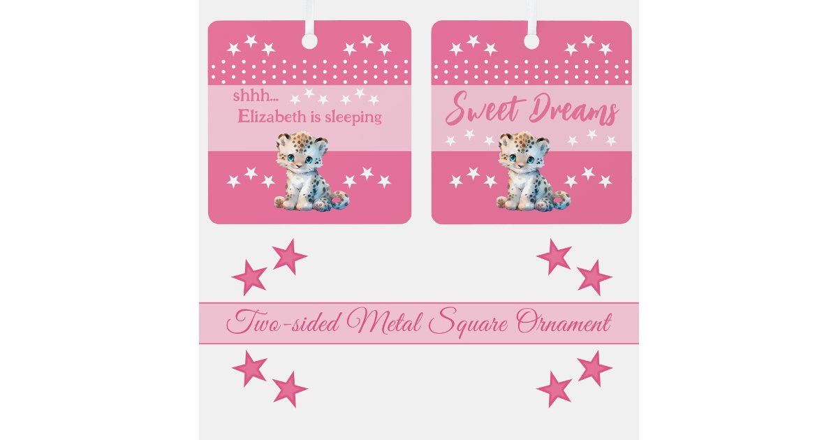 Cute leopard shhh add name is sleeping pink metal ornament | Zazzle