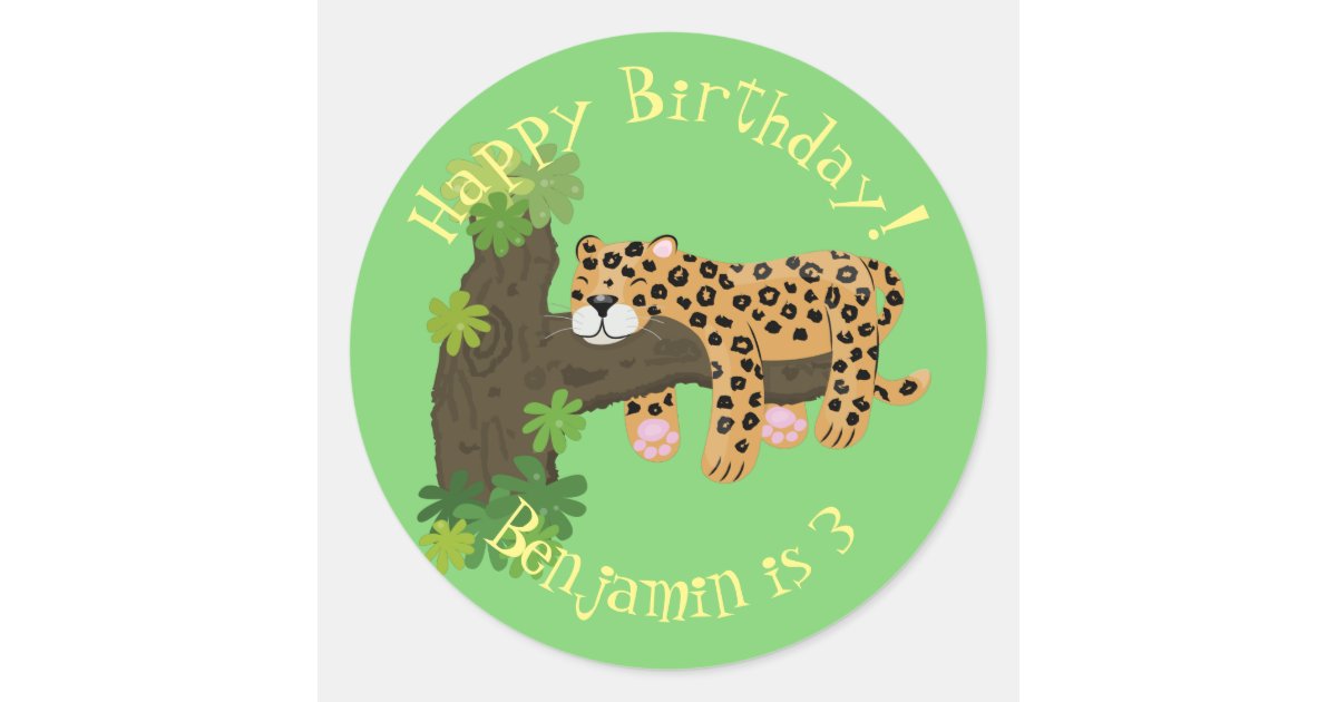 Cute leopard sleeping in tree cartoon illustration classic round ...