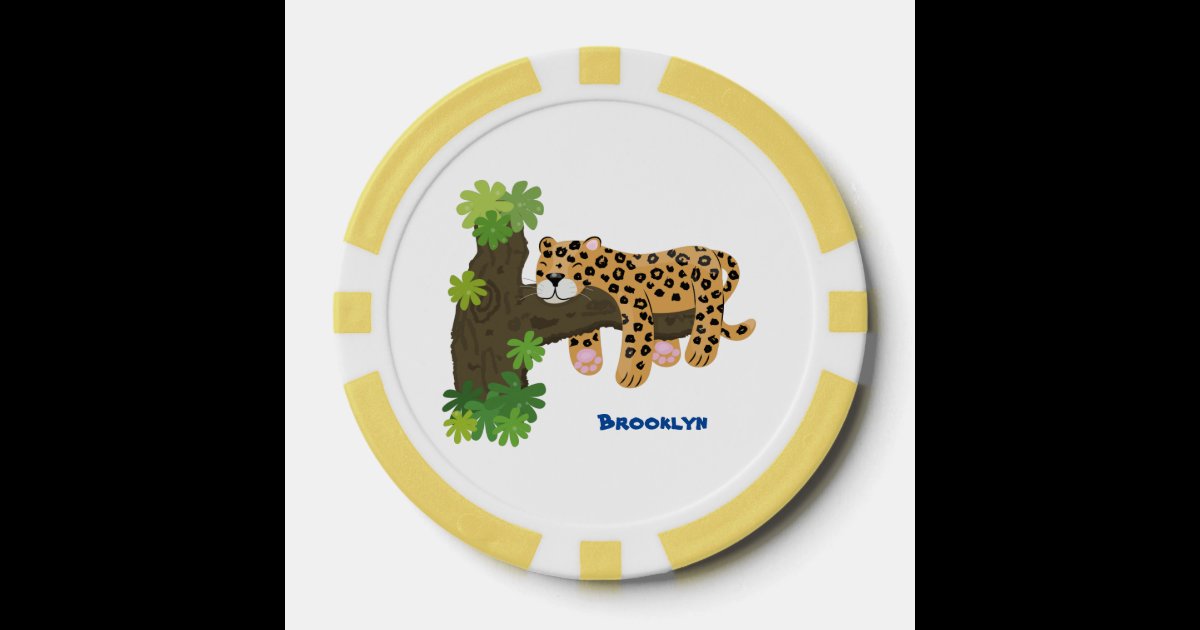 Cute leopard sleeping in tree cartoon illustration poker chips | Zazzle