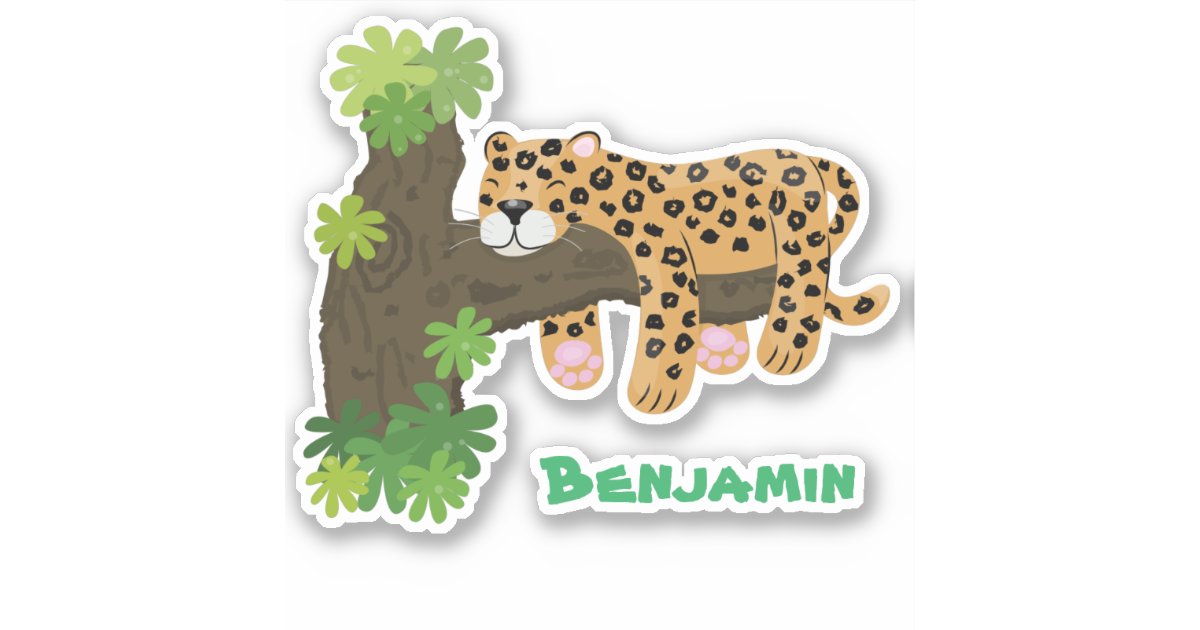 Cute leopard sleeping in tree cartoon illustration sticker | Zazzle